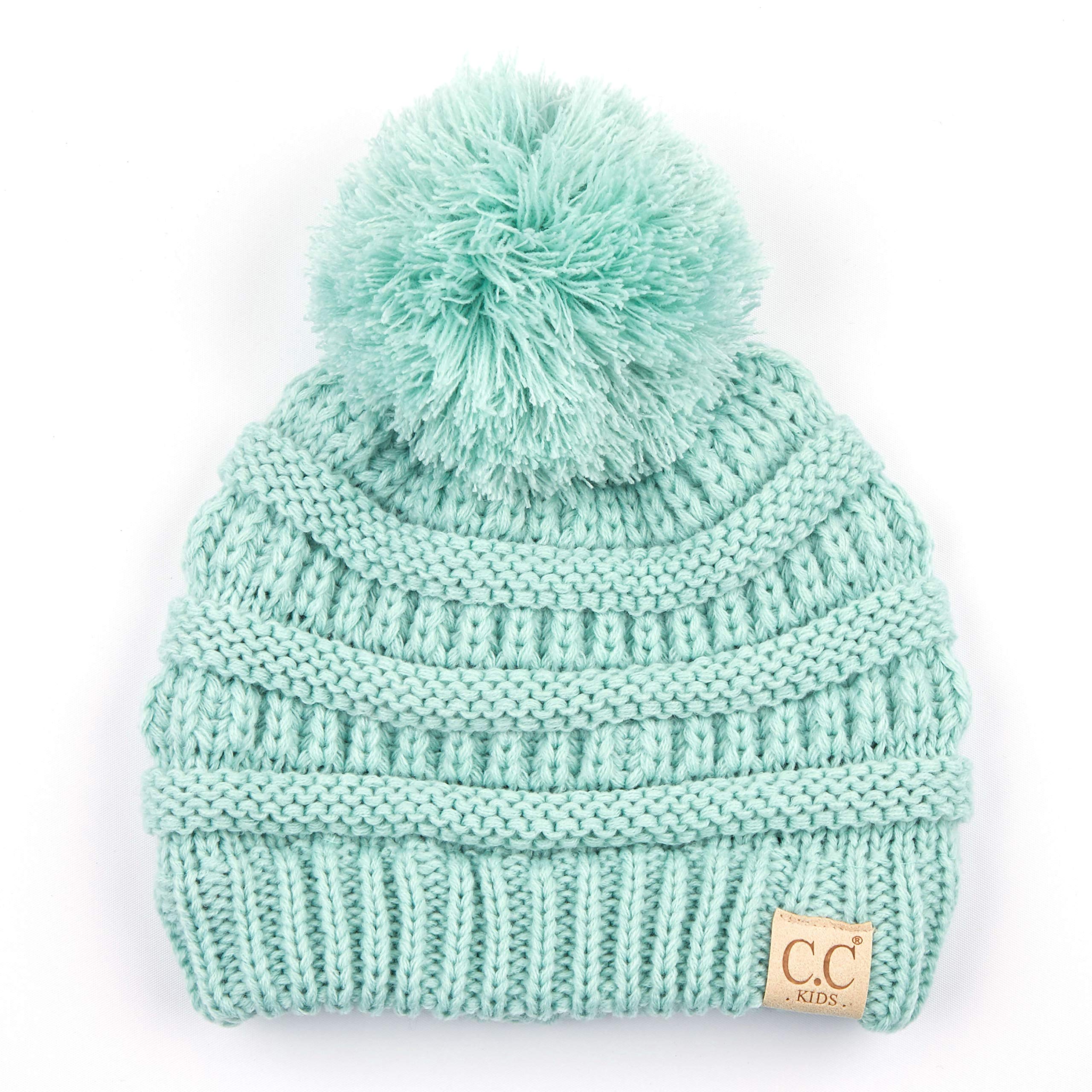 C.C Kids Beanie Ages 2-7 Warm Chunky Thick Stretchy Knit Slouch Beanie Skull Kids Hat with Pom (YJ-847-POM) (Mint)