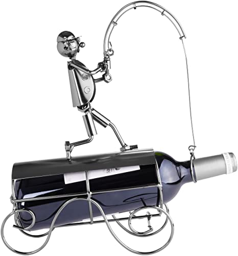 BRUBAKER Wine Bottle Holder 'Fisherman Catching Fish' - Table Top Metal Sculpture - with Greeting Card