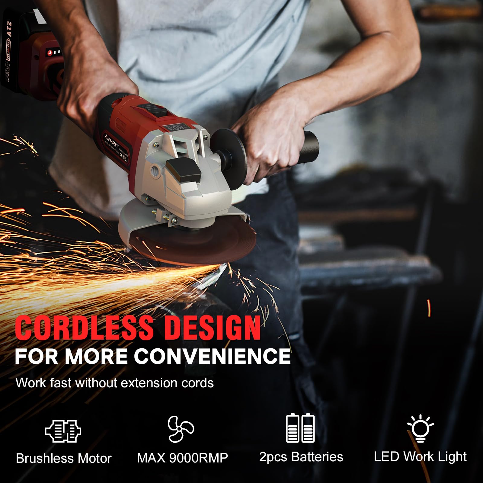 21V Cordless Angle Grinder, 4-1/2'' Power Angle Grinder Tools with 2PCS 4.0Ah Batteries, 9500RPM Brushless Electric Battery Grinder, Cordless Grinder with Cutting Wheel Disc for Metal Cutting,Grinding