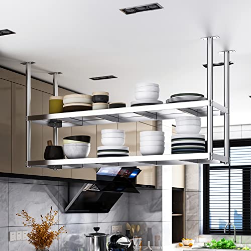 DSVONAUS Ceiling Storage Shelf, 2 Layer Stainless Steel Ceiling Mount Shelf, Hanging Floating Shelves, Organizer Rack for Restaurant Kitchen Bar Cafe Shelf, Easy to Install - 6 Sizes (80×35×80cm)