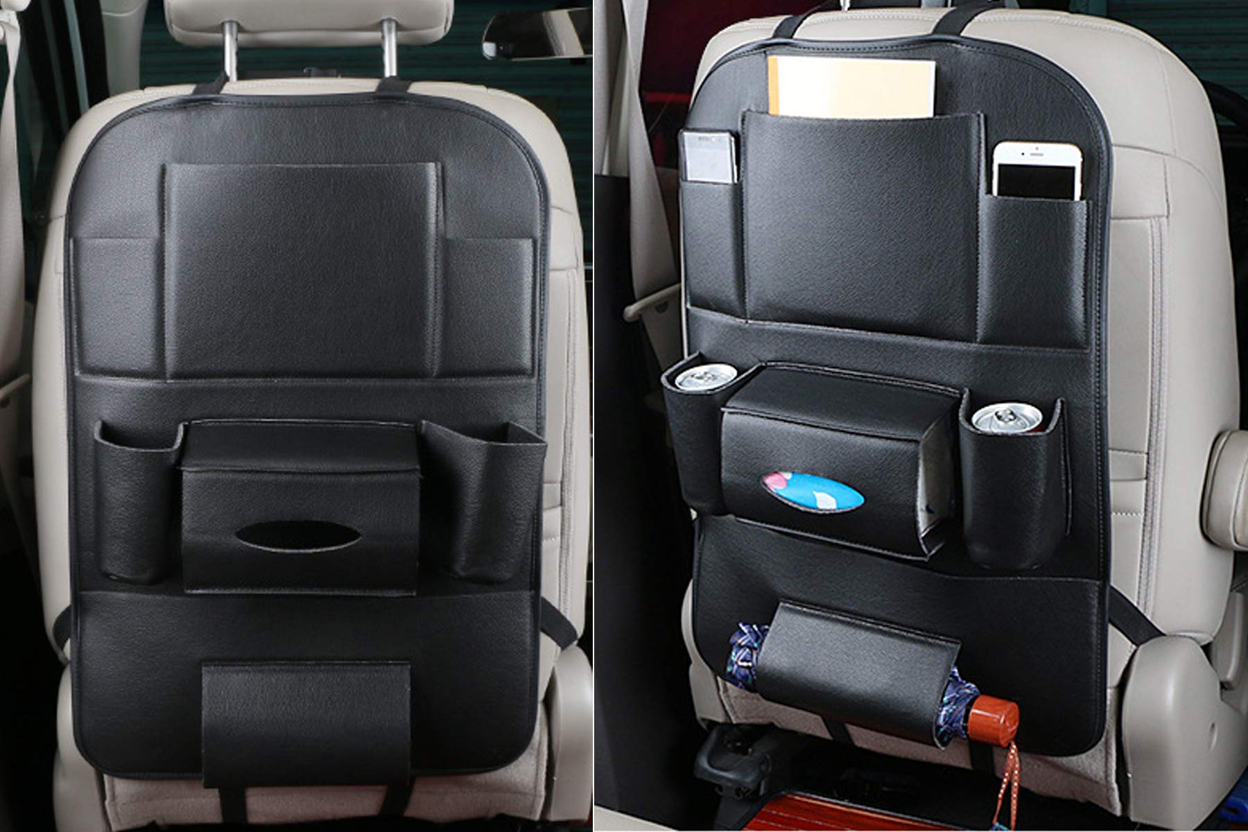 2PCS Car Backseat Organizer Luxury PU Leather Seat Back Protector Truck Seat Organizer Seat Back Covers Kick Mats, Car Seat Back Cup Drinks Umbrella Holders Tissue Box, Toy Organizer (Black, 2pcs)