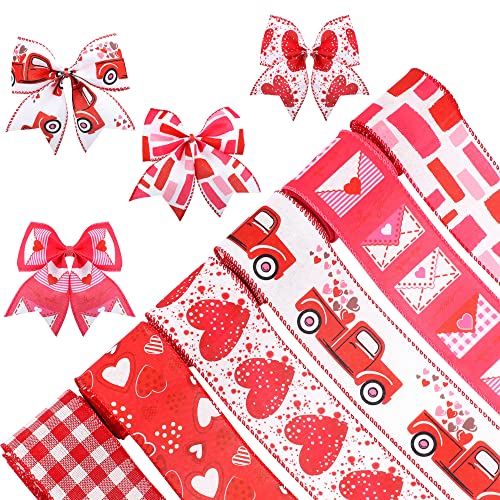 6 Rolls Heart Wired Ribbon 2.5" Valentine's Day Burlap Ribbon Buffalo Plaid Red Pink Heart Truck Love Letter Ribbon for Gift Wrapping Home Wedding Anniversary Decor Bows Wreath Craft, 30 Yards