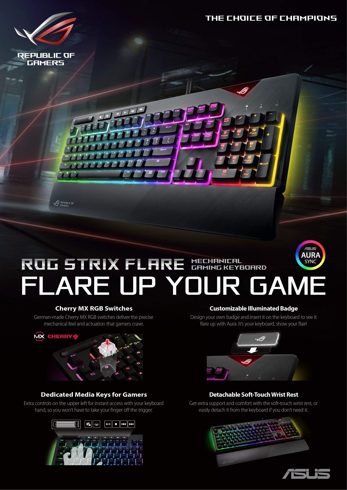 ASUS ROG Strix Flare (Cherry MX Red) Aura Sync RGB Mechanical Gaming Keyboard with Switches, Customizable Badge, USB Pass Through and Media Controls (Renewed)