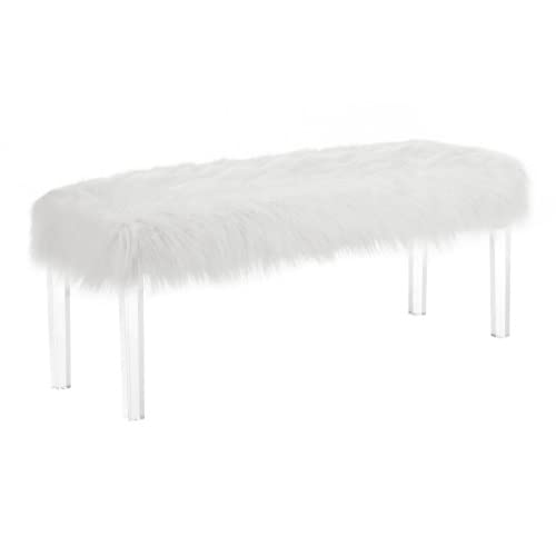 1pc White Glam Accent Bench with Faux Fur Seat Transparent Legs