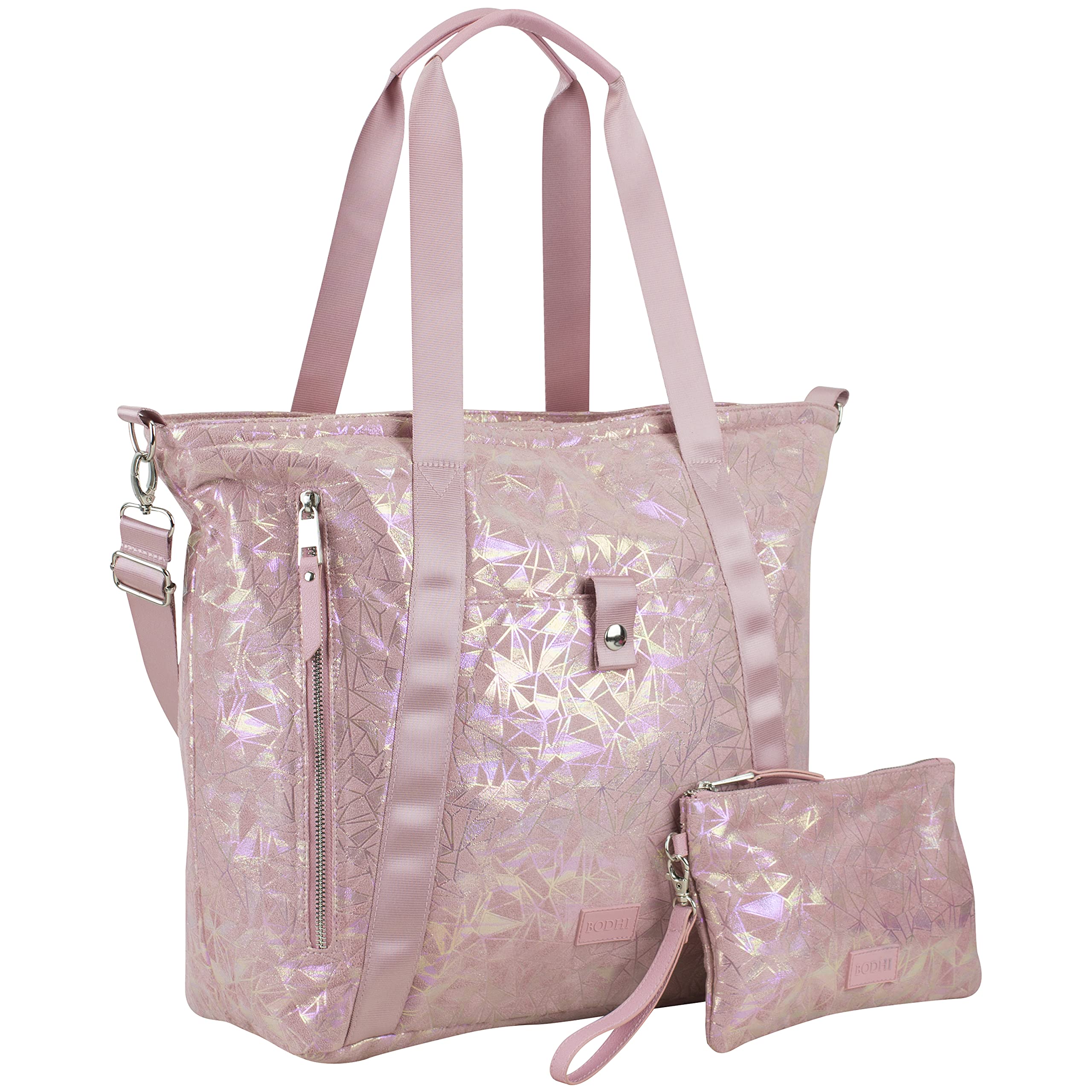 BODHI Township Tote with Removable Zipper Wristlet and Adjustable Crossbody Strap-Pink Geo