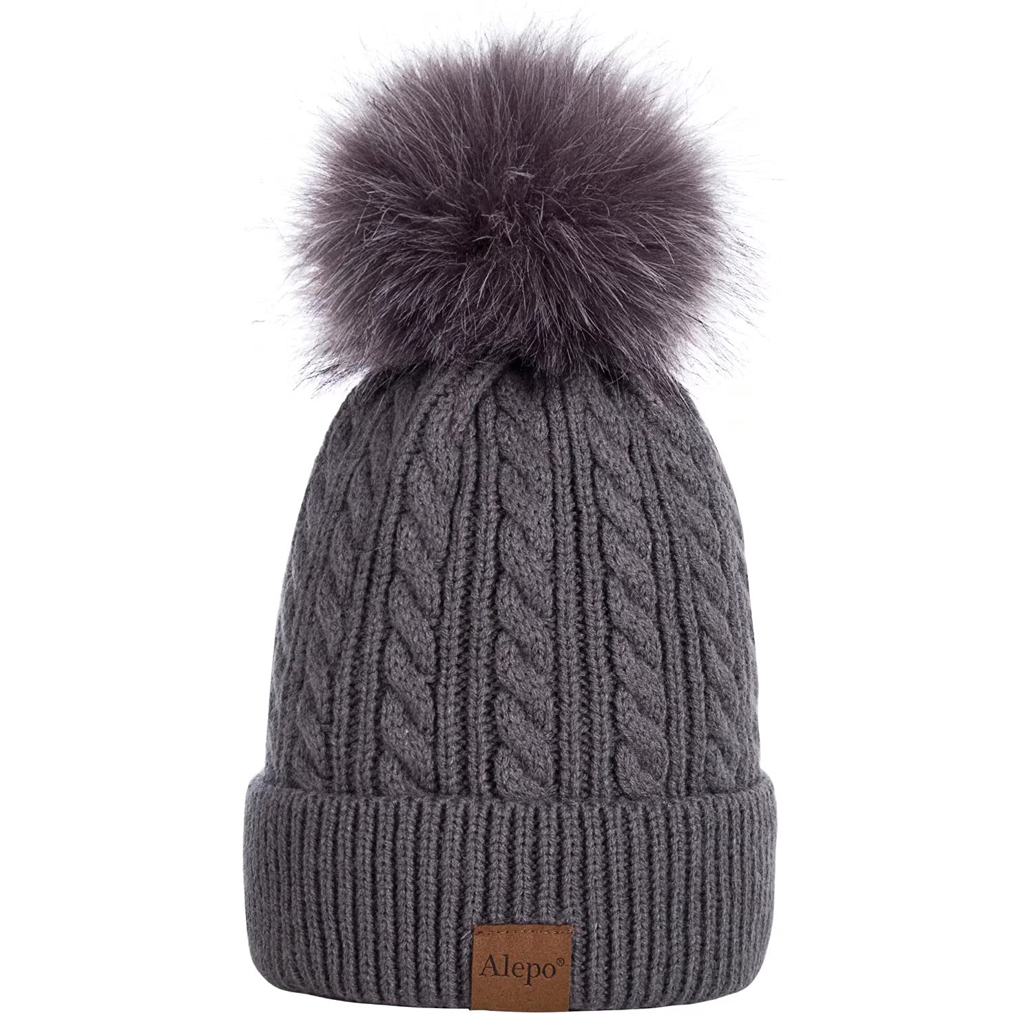 Alepo Womens Winter Beanie Hat, Warm Fleece Lined Knitted Soft Ski Cuff Cap with Pom Pom(Dark Gray)