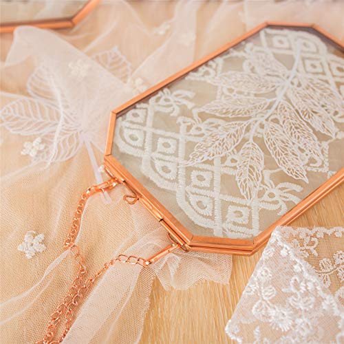 NCYP Wall Hanging 4X6 Inches Octagon Rose Gold Glass Frame for Pressed Dried Flowers, Handmade Double Glass Pure Copper Herbarium Frame, Floating Frame Style, Glass Frame Only