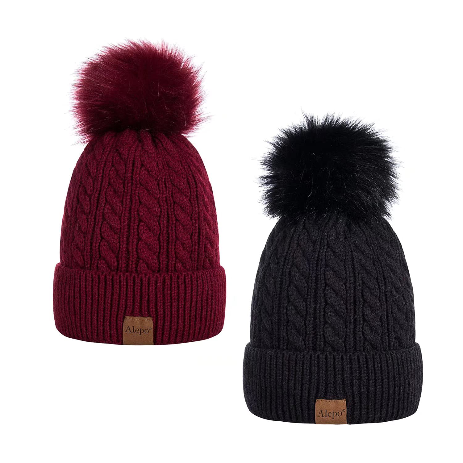 Alepo Womens Winter Beanie Hat, Warm Fleece Lined Knitted Soft Ski Cuff Cap with Pom Pom(Black+Burgundy)