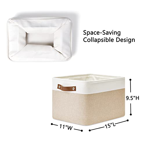 DULLEMELO Fabric Storage Bins for Laundry, Home, Foldable Storage Baskets for Shelves, Toys, Collapsible Storage Bins for Office, Closet,Bedroom(White&Khaki,15"x11"x9.5",4-Pack)
