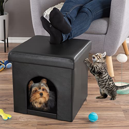 Cat House β Collapsible Multipurpose Small Dog or Cat Ottoman with Footrest, Cushioned Top, and Interior Pillow by PETMAKER (Black)