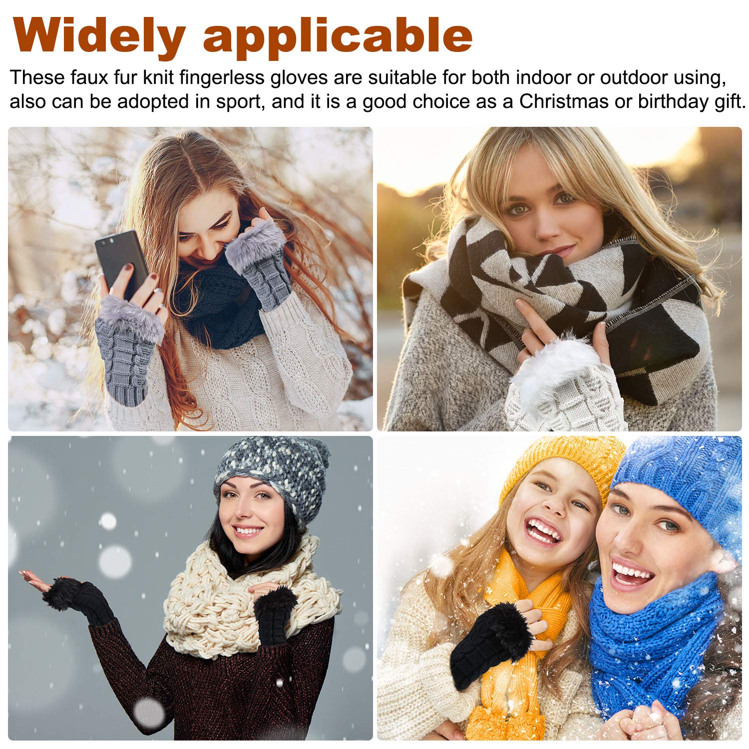 3 Pairs Fingerless Winter Gloves Faux Fur Crochet Warm Middle Length Thumb Hole Fingerless Gloves Arm Warmers (Black, White, Grey)