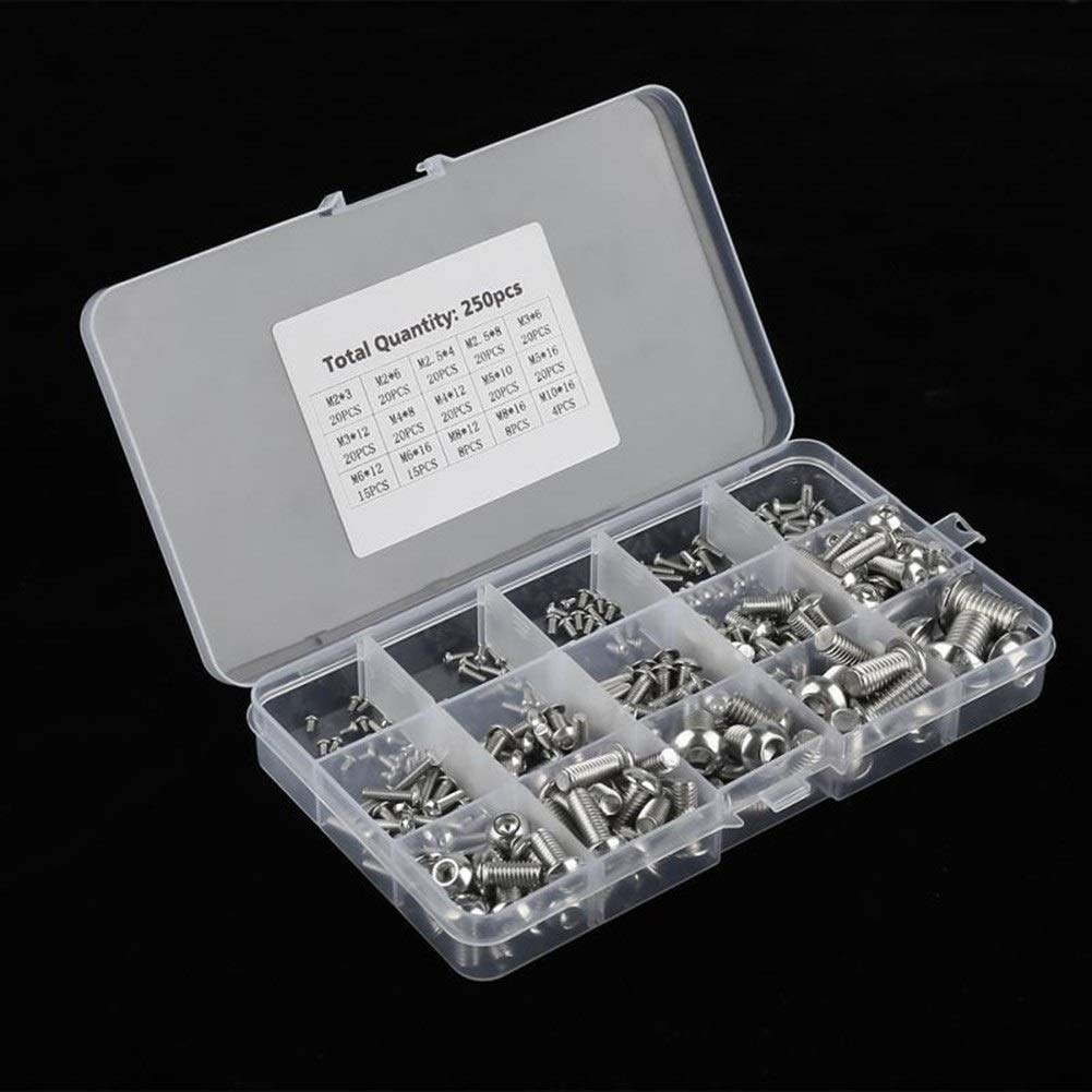 XIDUO 250pcs M2-M10 Machine Screws Stainless Steel Hex Socket Round Pan Head Screws for Laptop/Keyboard/Phone/PC Fastener Repair Tool Hardware Parts