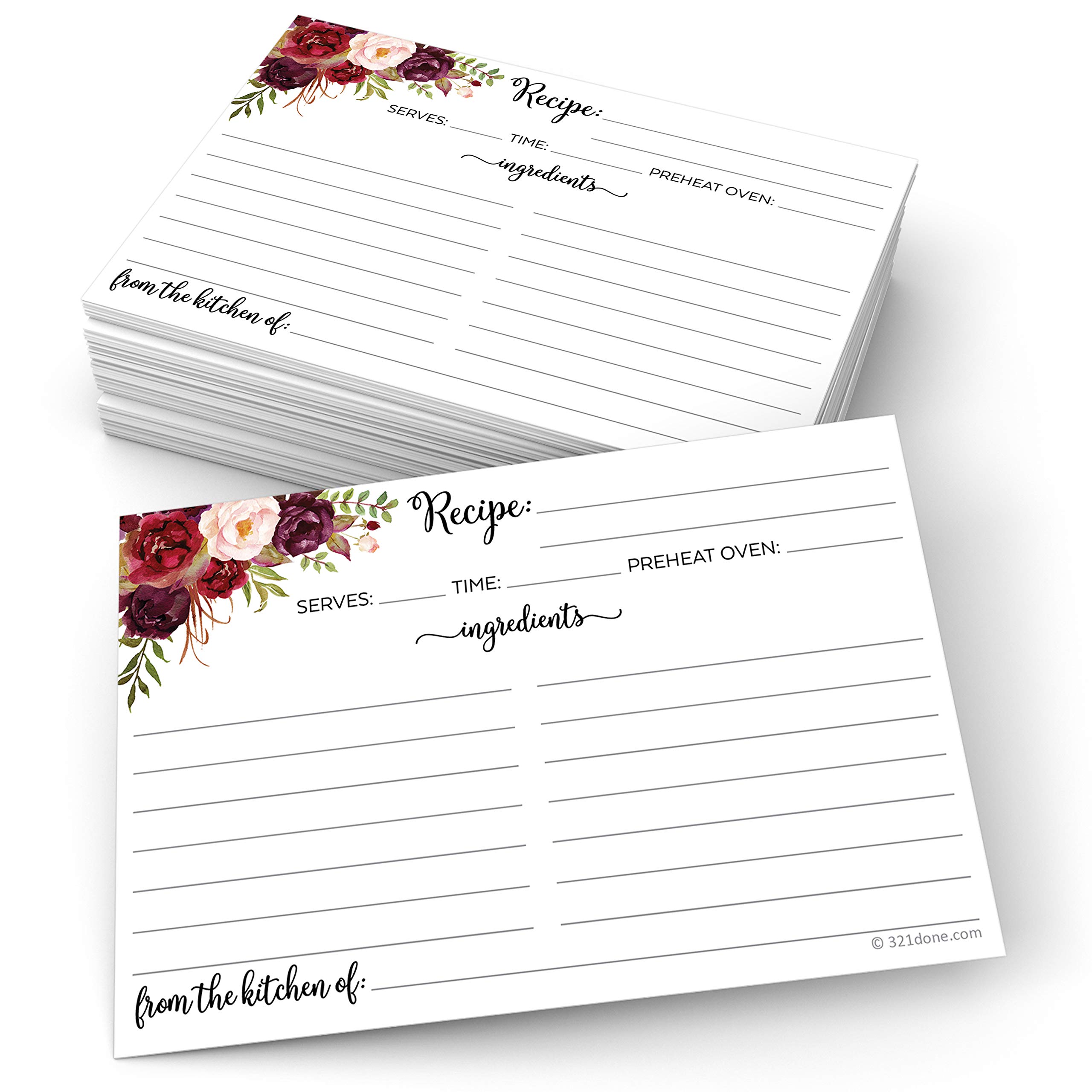 321Done Recipe Cards (Set of 50) Floral 4" x 6" - Double-Sided for Weddings, Bridal Shower - Made in USA - Large Watercolor Red Roses, White From the Kitchen Of