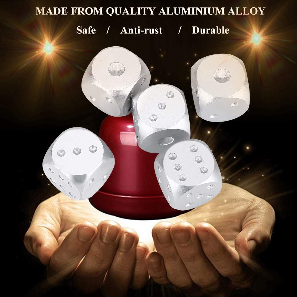 6 Sided Metal Dice Set, Dice Set with Storage Box Table Game Poker Games Dice Accessory (Silver Rectangular Box)
