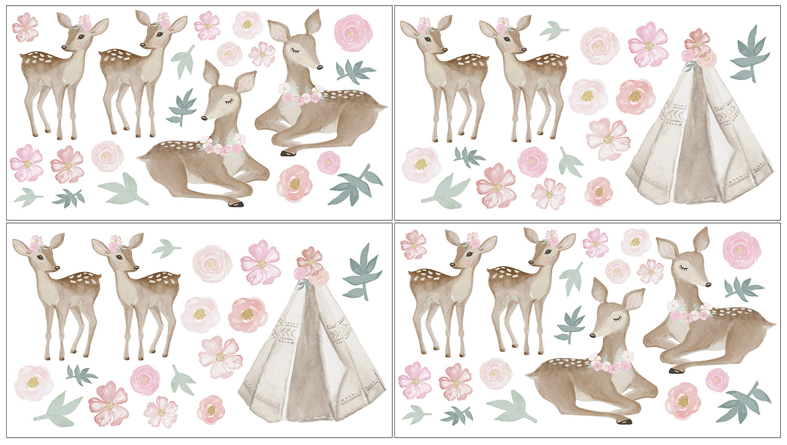 Boho Woodland Deer Floral Peel and Stick Wall Decal Stickers Art Nursery Decor by Sweet Jojo Designs - Set of 4 Sheets - Blush Pink, Mint Green and White
