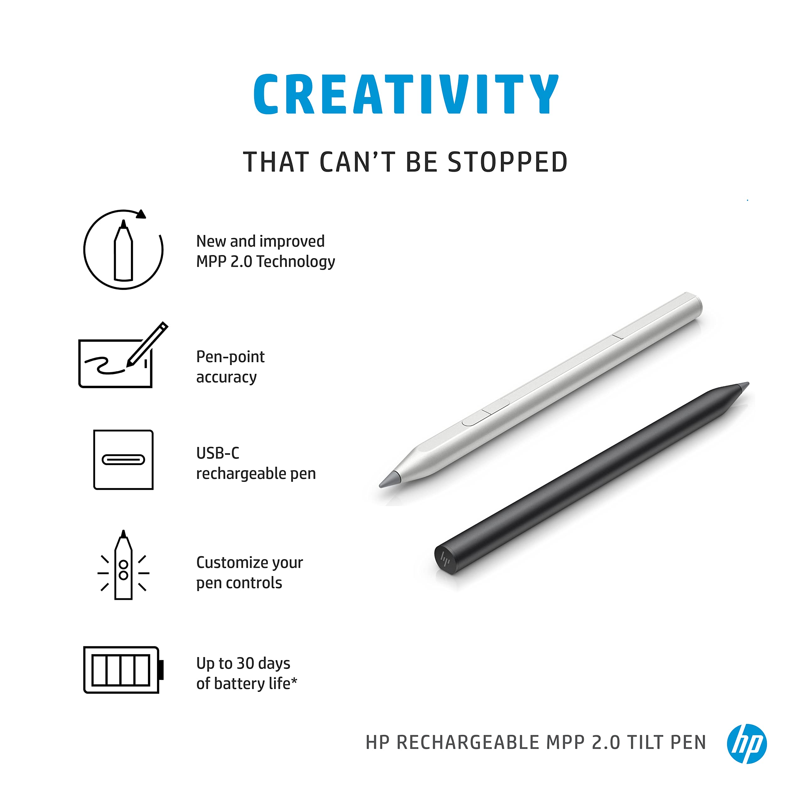 HP Rechargeable MPP 2.0 Tilt Pen for Touch Screen Devices • Customizable and Compact Design with Magnetic Barrel • 1-Year Limited Warranty • Black (3J122AA)