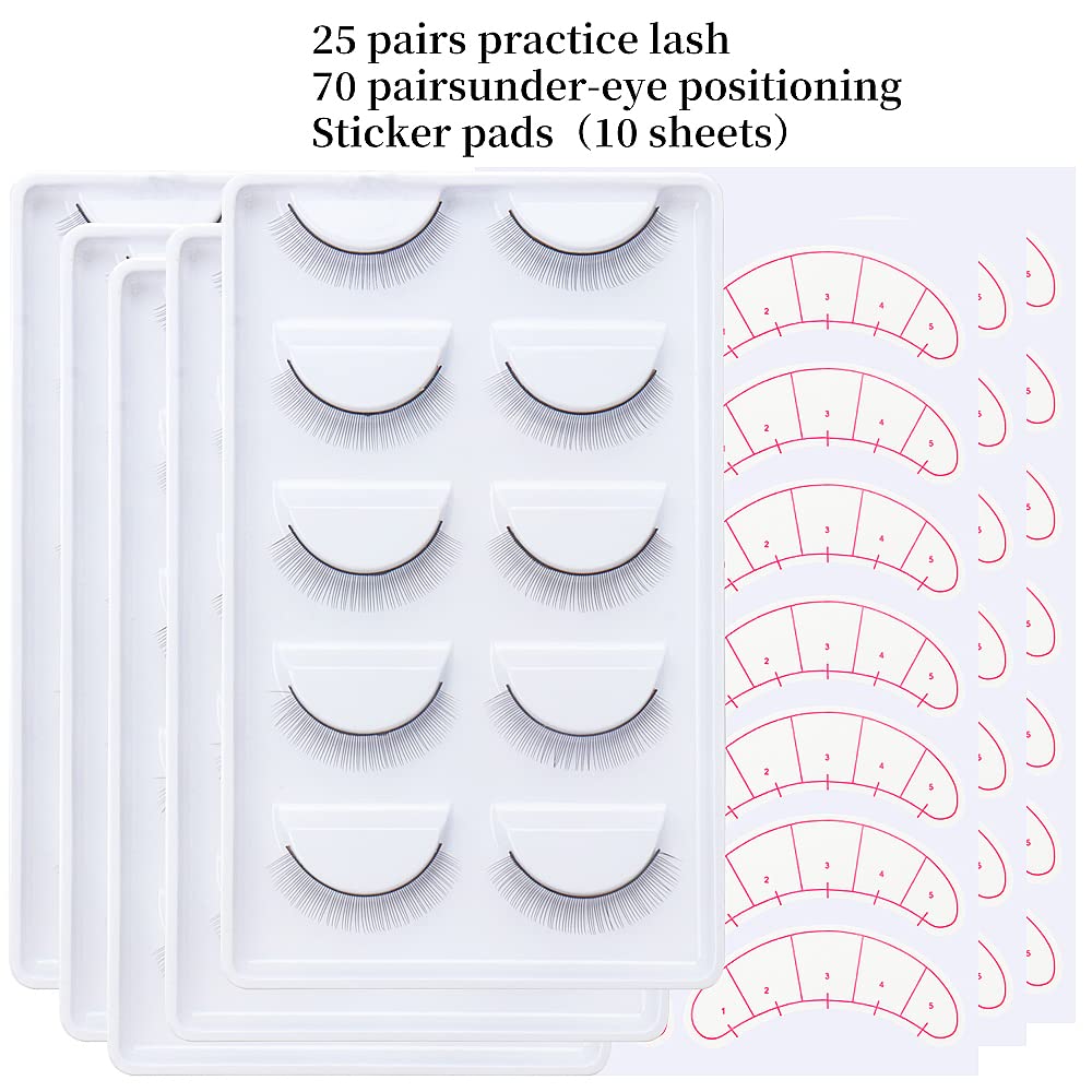 25 Pairs Practice Eyelashes Training Lashes Self-adhesive Practice Lashes With 70 pairs Under Eye Positioning Sticker Pads for Training Eyelash Extension Makeup Beginners (Practice lashes A)