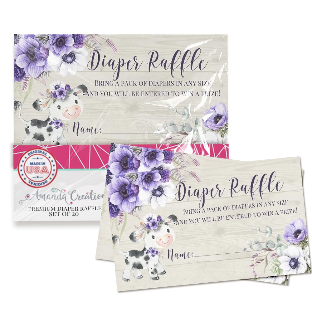 Amanda Creation Watercolor Purple Floral Cow Diaper Raffle Tickets for Baby Showers, 20 2" X 3â Double Sided Insert Cards for Games, Bring a Pack of Diapers to Win Favors & Prizes!