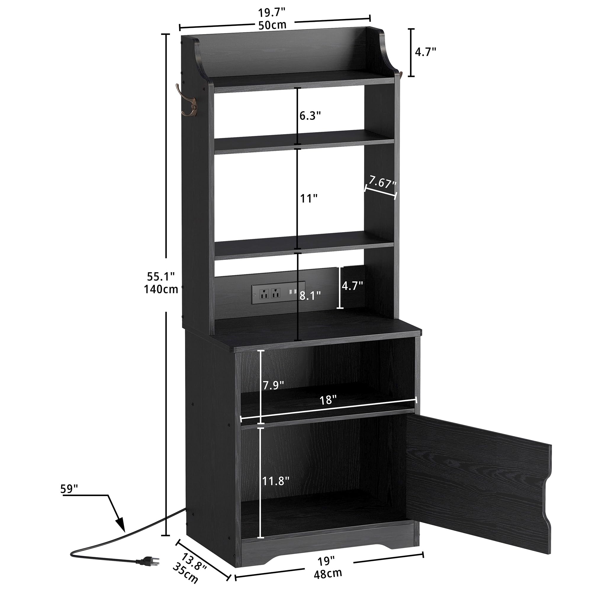 LIKIMIO Nightstand, 55" Tall End Side Table with Charging Station and Storage Cabinet, Small Bookshelf, for Living Room Office Bedroom, Vintage Black