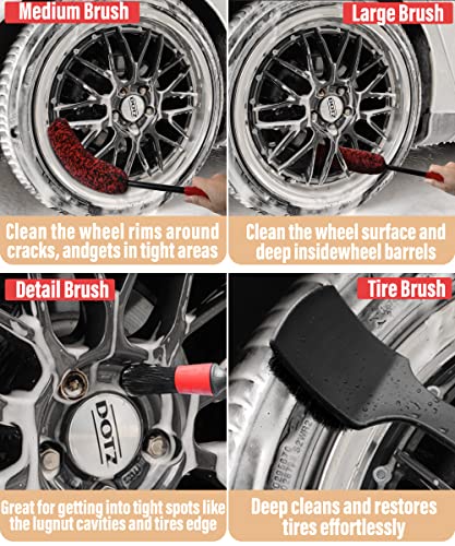 ESEWALAS 4 Pack Car Detailing Brushes,Car Wheel Brush Set, Car Cleaning Brush Kit Include 2X Soft Wheel Cleaning Brush,Detailing Brush and Stiff Tire Brush,Wheel Cleaner Brush