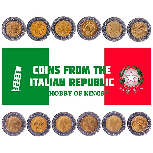 6 Coins from Italy | Italian Coin Set Collection 500 Lire | Circulated 1993-1999 | Sorghum Steam | Luca Pacioli | Globe | Archer | Star | Wheat Ear
