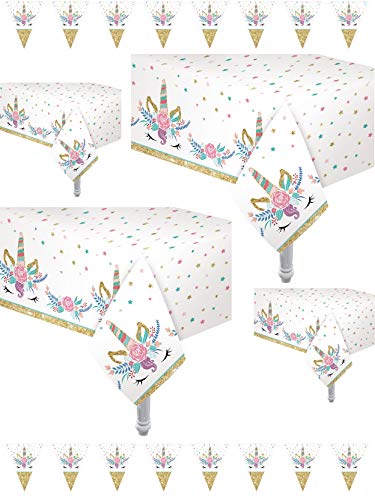 Oojami 4 Pack Unicorn Tablecloth Ideal for Unicorn Theme Birthday Party, Baby Shower Size: 54" x 108" Ideal for Girls Unicorn Glitter Theme Decoration Party | Includes Two Pennant Banners