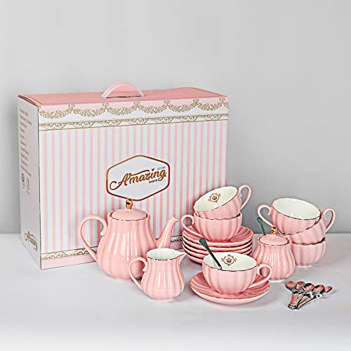 Amazingware Porcelain Tea Set - Tea Cup and Saucer Set Service for 6, with 28 oz Teapot Sugar Bowl Cream Pitcher Teaspoons and Tea Strainer - for Thanksgiving - Pumpkin Fluted Shape, Pink