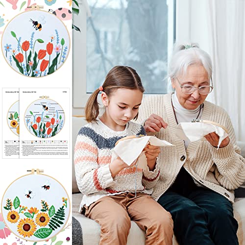5 Sets Embroidery Starter Kit with Patterns and Instructions Bee Flower Cross Stitch Set for Beginners DIY Adult Kids (as Pictures Shown)