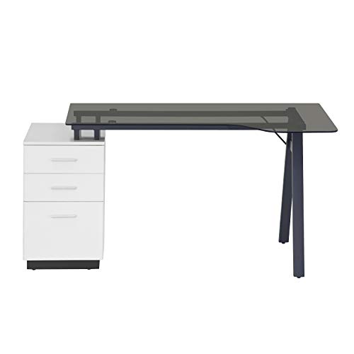 Techni Mobili Modern Smoke Tempered Glass top & Storage Home Office Computer Writing Desk Workstation with Two Cupholders and a Headphone Hook-Pine, 59.5" D x 29.25" W x 29.5" H, White