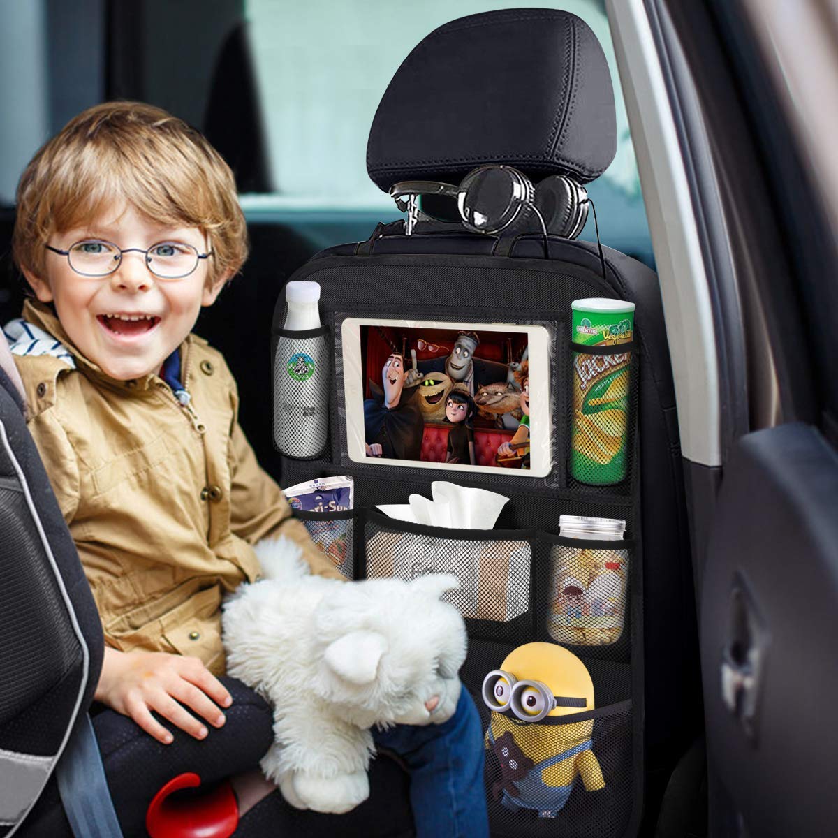 ONE PIX Backseat Car Organizer Mats Back Seat Organizers and Storage Bag with Touch Screen Tablet Holder for Kids Toddlers Seats, Travel Accessories, Road Trip Essentials (2PCS)