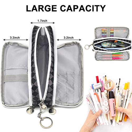 HERRIAT Large Pencil Pouch with Keychain, Durable Canvas Big Capacity Pencil Case Bag for Teen Boys Girls High School Students and Office Suppliy with 3 Compartments Marker Case(Gray Grid)