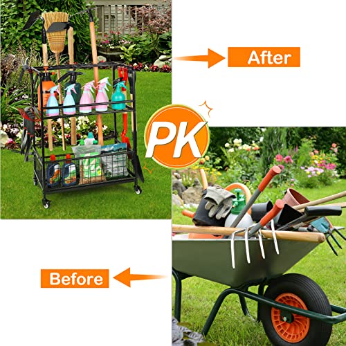 Garden Tool Storage Organizer with Wheels, Yard Tool Stand Holder Racks, Garage Tool Rack, Garden Tool Rolling Cart, Garage Organizers and Storage Hold Garden Tools for Garage Lawn and Outdoor