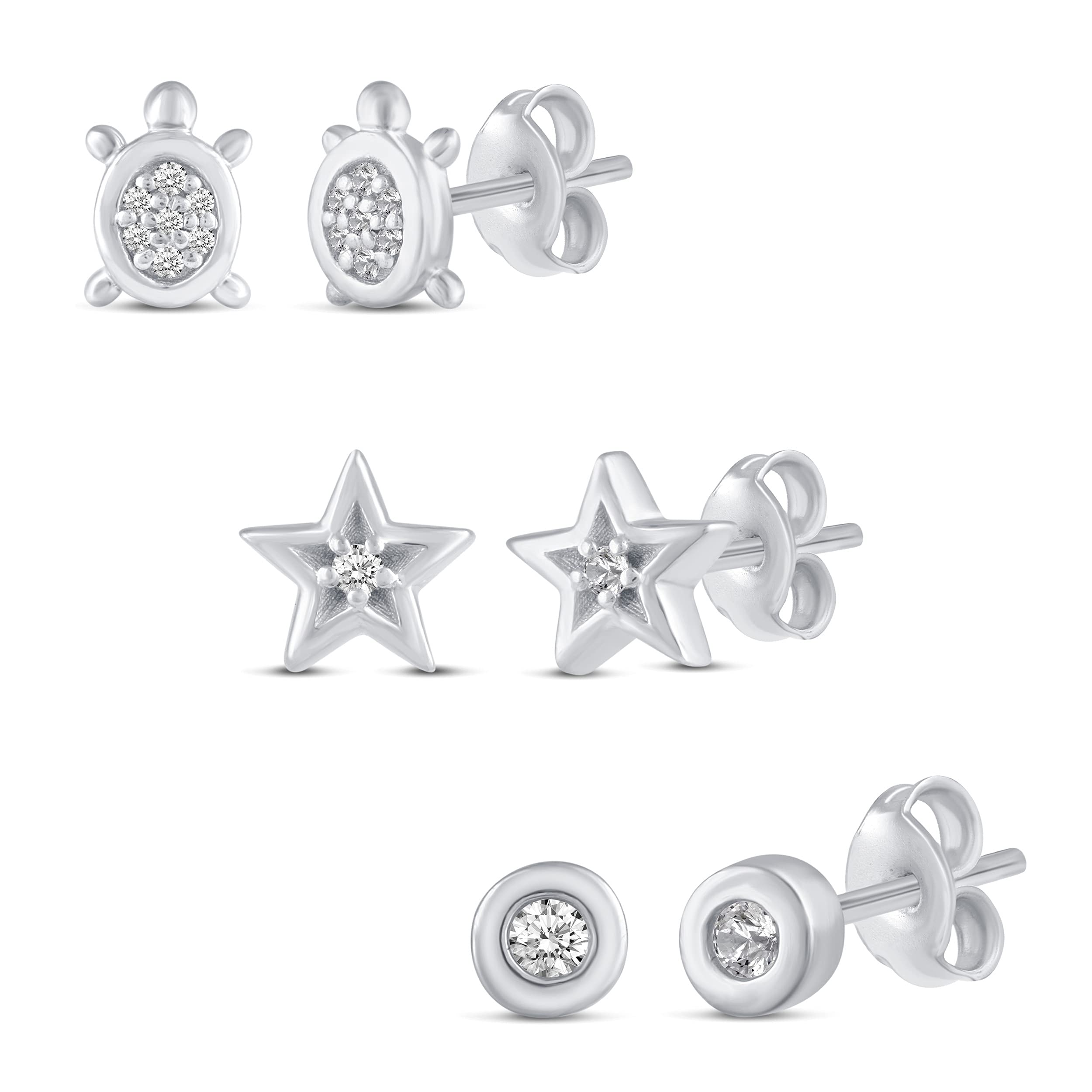 3 Pairs Set Ear Party 1/10 Cttw Natural Diamond Turtle Star Bezel Stud Earrings in 925 Sterling Silver