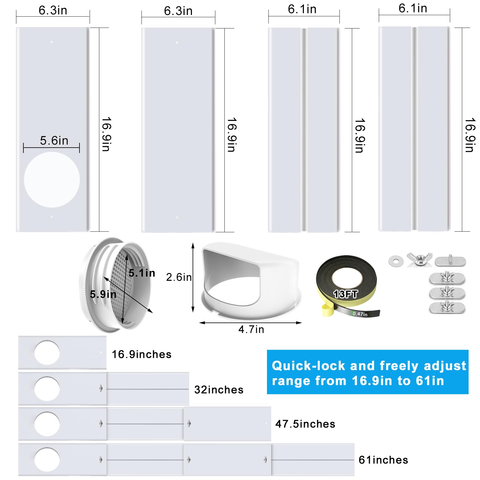 2024 New Portable Air Conditioner Window Kit with Universal Coupler for 5.1"/5.9" Exhaust Hose, Mobile A/C Window Vent Seal Kit with 4 Adjustable Seal Plates for Vertical/Horizontal Sliding Window