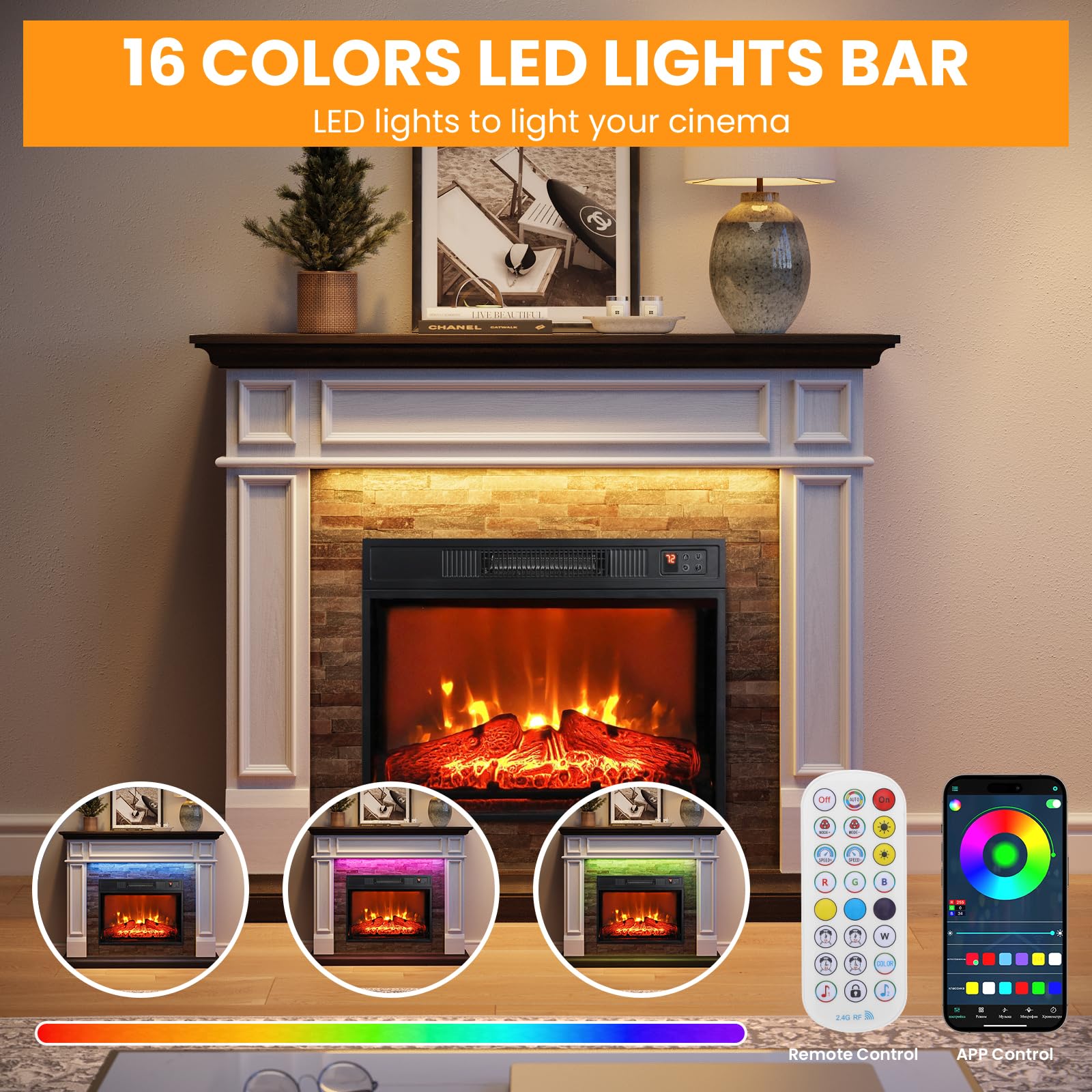 44 Inches LED Electric Fireplace with Mantel, Portable Freestanding Wood Stove Heater, Realistic 3D Dancing Flame LED Effect and Stacked Stone Surround, Remote Control Timer for Living Room