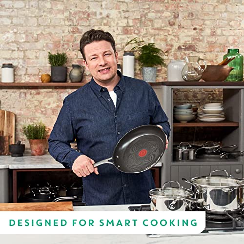 Tefal Jamie Oliver Cook's Direct Stainless Steel, 2 Piece Frying Pan Set, 24 & 28cm, Non-Stick Coating, Heat Indicator, Riveted Safe-Grip Handle, Induction Hob Compatible, E304S244