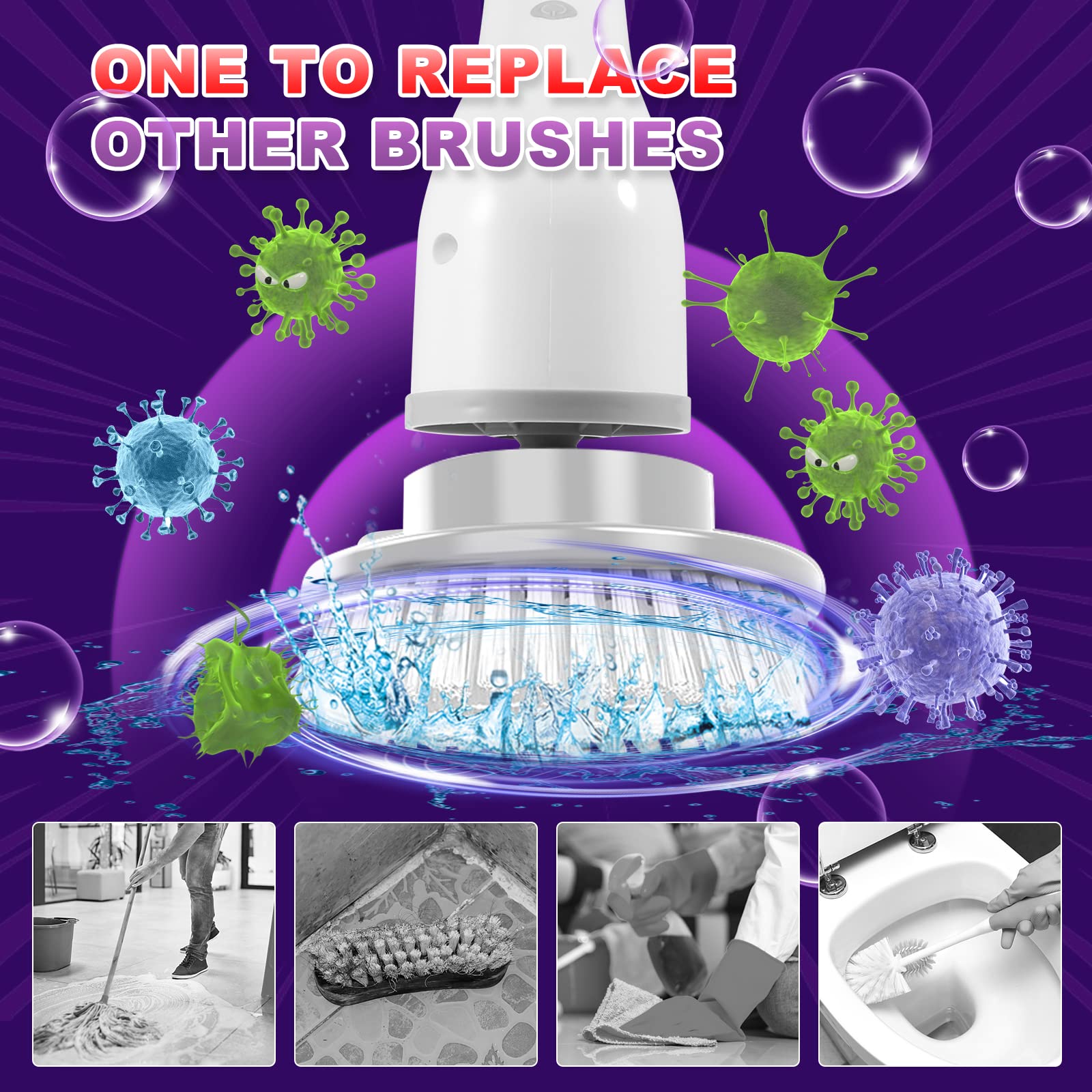 2024 New Rechargeable Cordless Power Electric Spin Scrubber & 7 Replaceable Brush Heads with Adjustable Extension Handle Shower Scrubber Electric Cleaning Brush