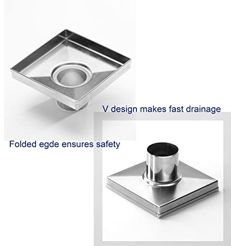 6 inch Square Shower Drain, Square Hole Pattern Shower Drain, Brushed 304 Stainless Steel Linear Drain with Leveling feet & Hair Strainer