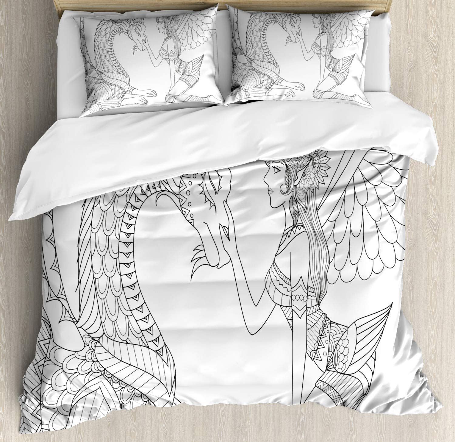 Ambesonne Fantasy Duvet Cover Set, Drawing of a Caressing a Dragon Ornamental Details Flowers Wings Art, Decorative 3 Piece Bedding Set with 2 Pillow Shams, Queen Size, White and Black
