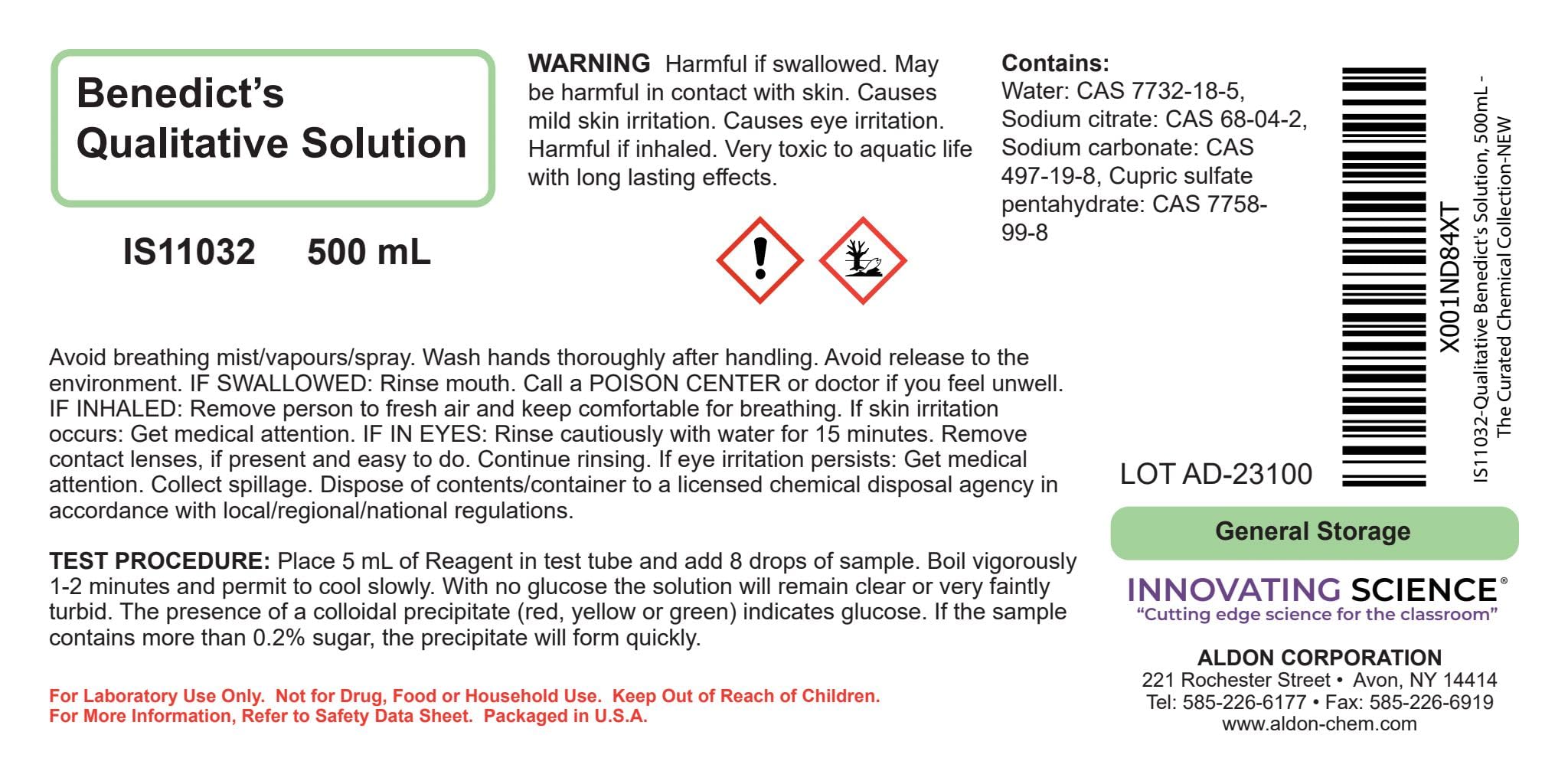 ALDON Innovating Science Qualitative Benedict's Solution, 500mL - The Curated Chemical Collection