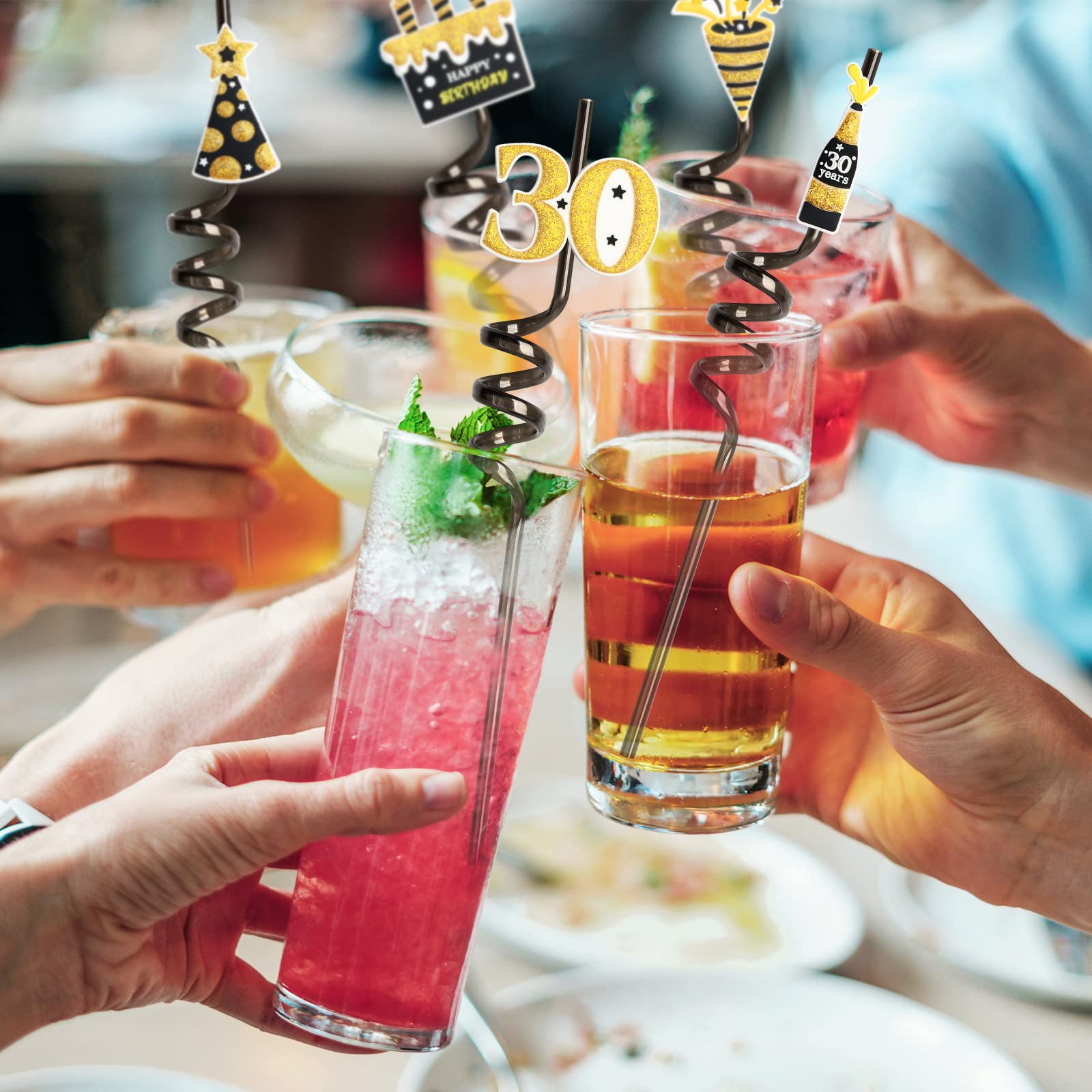 24 PCS 30th Birthday Party Decorations Straw Decor Plastic Reusable Glitter Straws for 30th Birthday Party Decor Cut-Out Number 30 Party Decorative Supplies for Women Men with 2 Brush