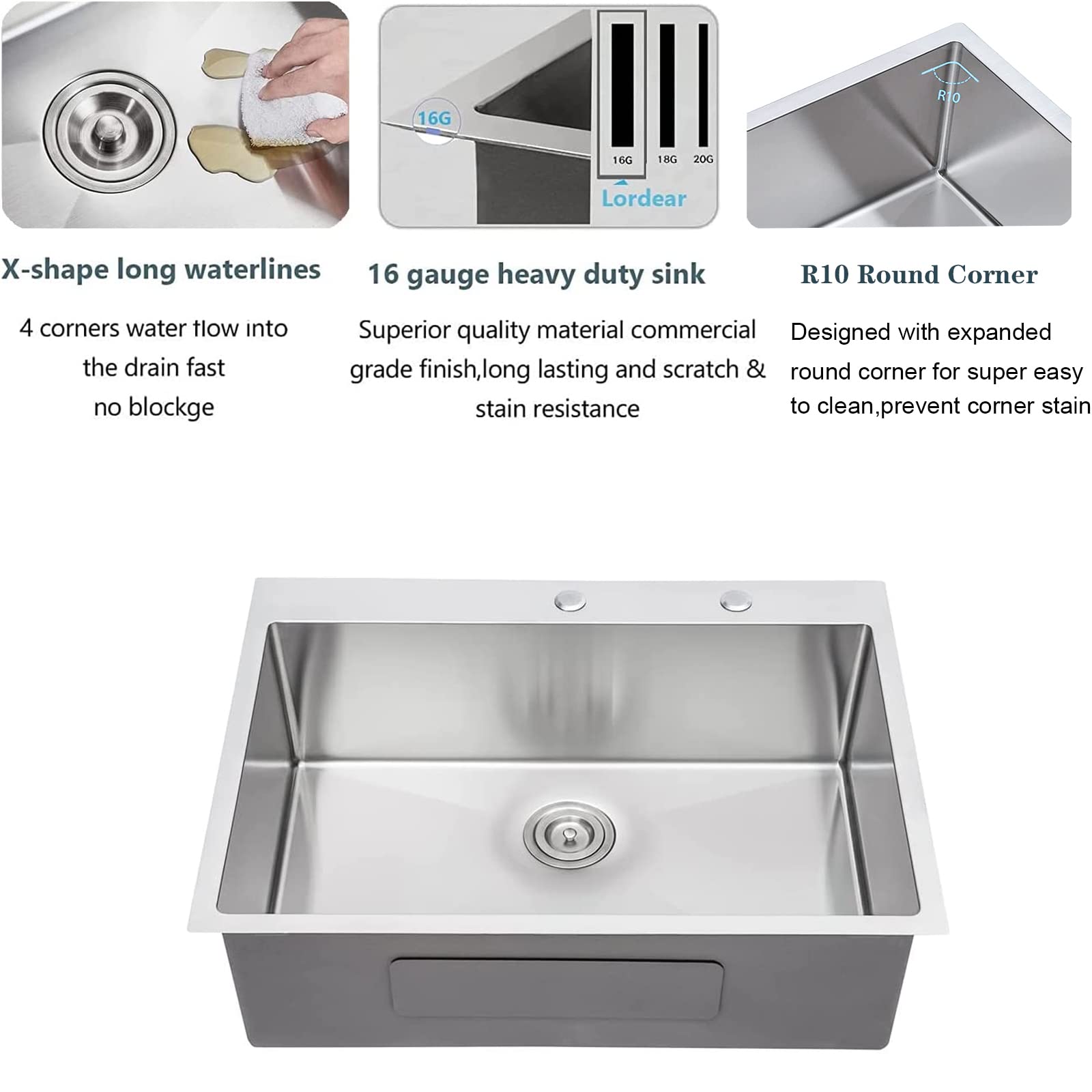 28 Kitchen Sink Drop In - Lordear 28 x 22 Kitchen Sink Single Bowl Drop In Stainless Steel 16-Gauge R10 Tight Radius Topmount Kitchen Sink