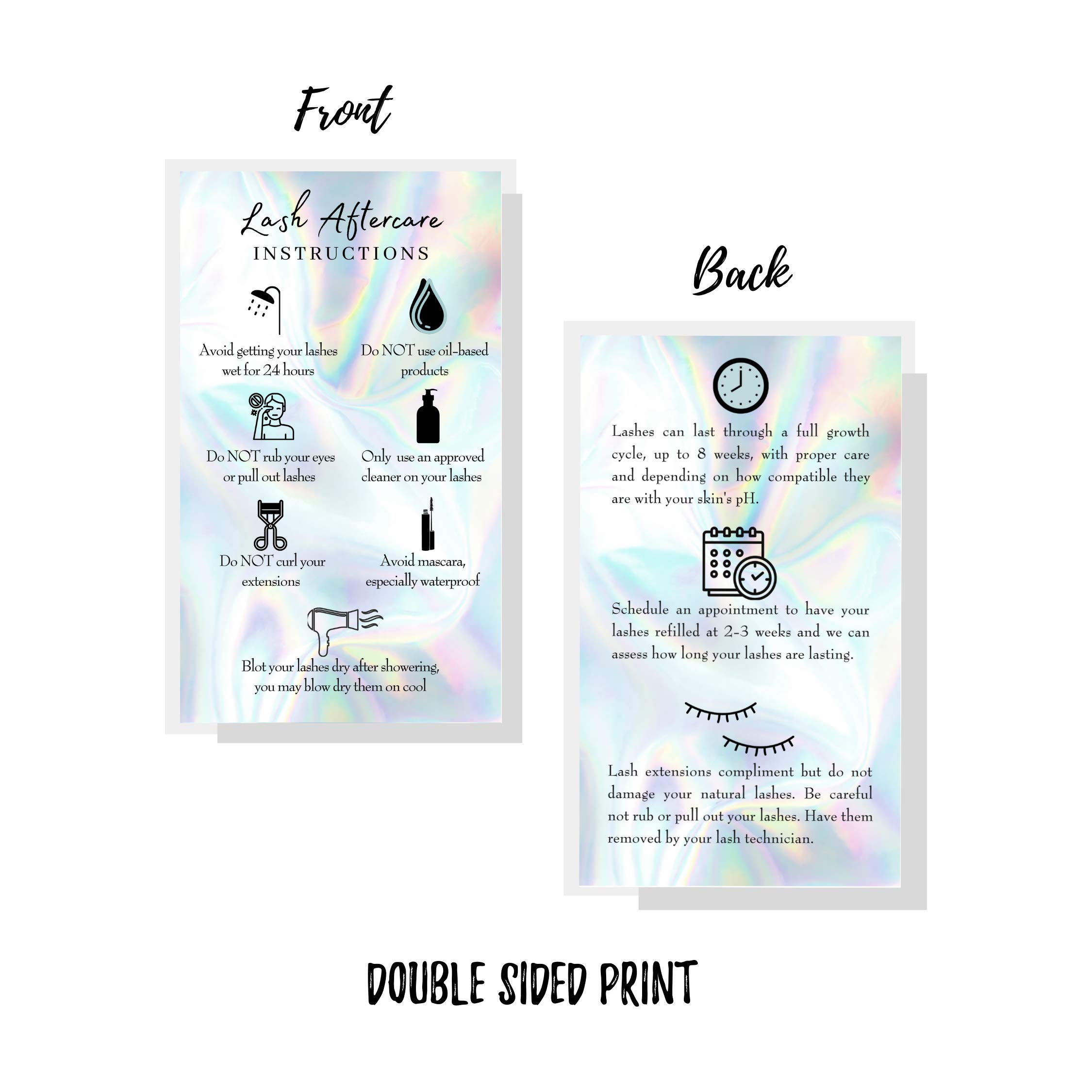 Lash Extension Aftercare Cards | 50 Pack | Business Card Size 3.5 x 2" inches After Care (2-3 Week Fillers) | Non-Reflective Matte Rainbow Holographic Look Design