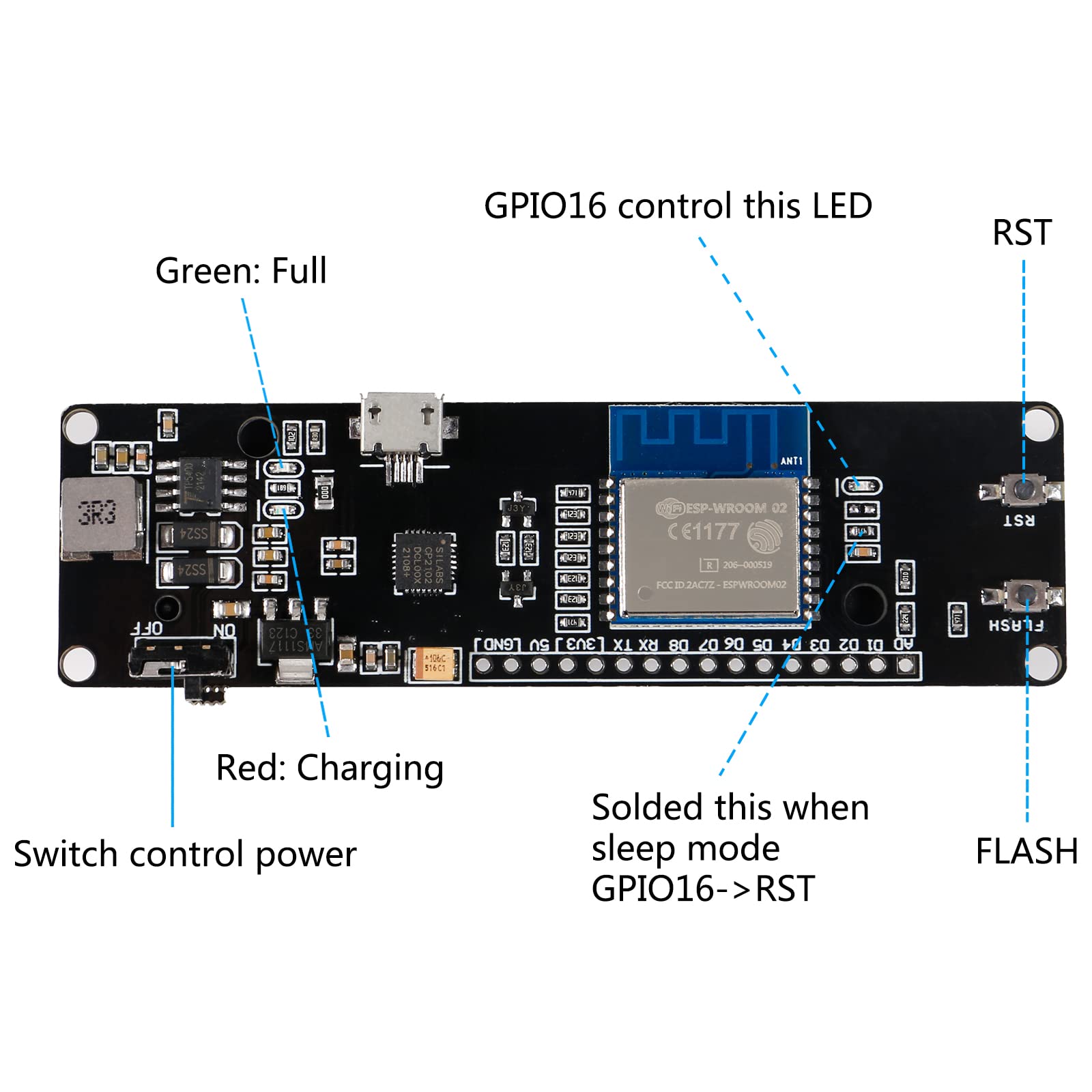 2pcs for WeMos D1 ESP8266 Mini WiFi Module ESP WROOM 02 Motherboard with 18650 Battery Slot Compatible with NodeMCU
