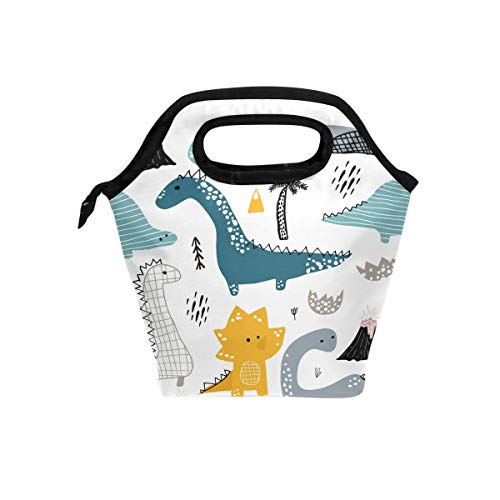OREZI Childish Cute Dinosaur Lunch Bag for Kids,Waterproof Insulated Neoprene Lunch Tote Soft Bento Cooler Thermal Bags for School Work Pacnic Outdoor