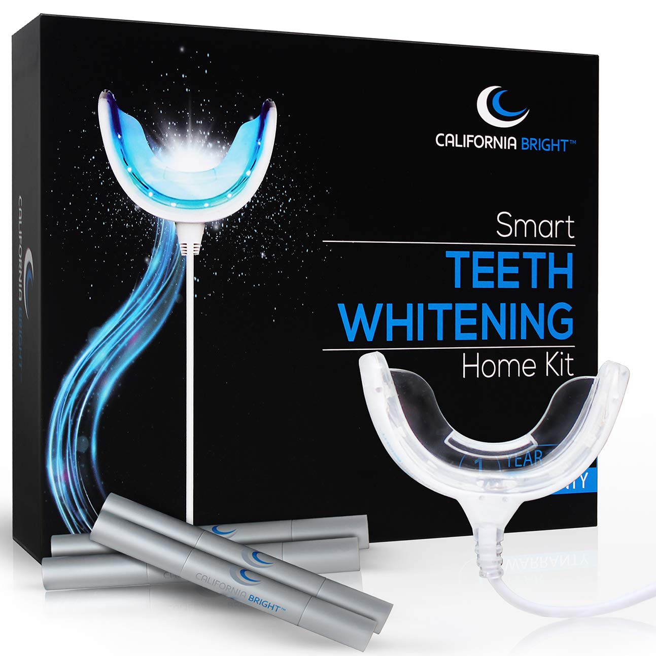 California Bright Smart Teeth Whitening Home Kit with 16X LED Light Mouthpiece, 4 Whitening Gel Pens, Portable Case and Dental Shade Guide â Smartphone & USB Compatible