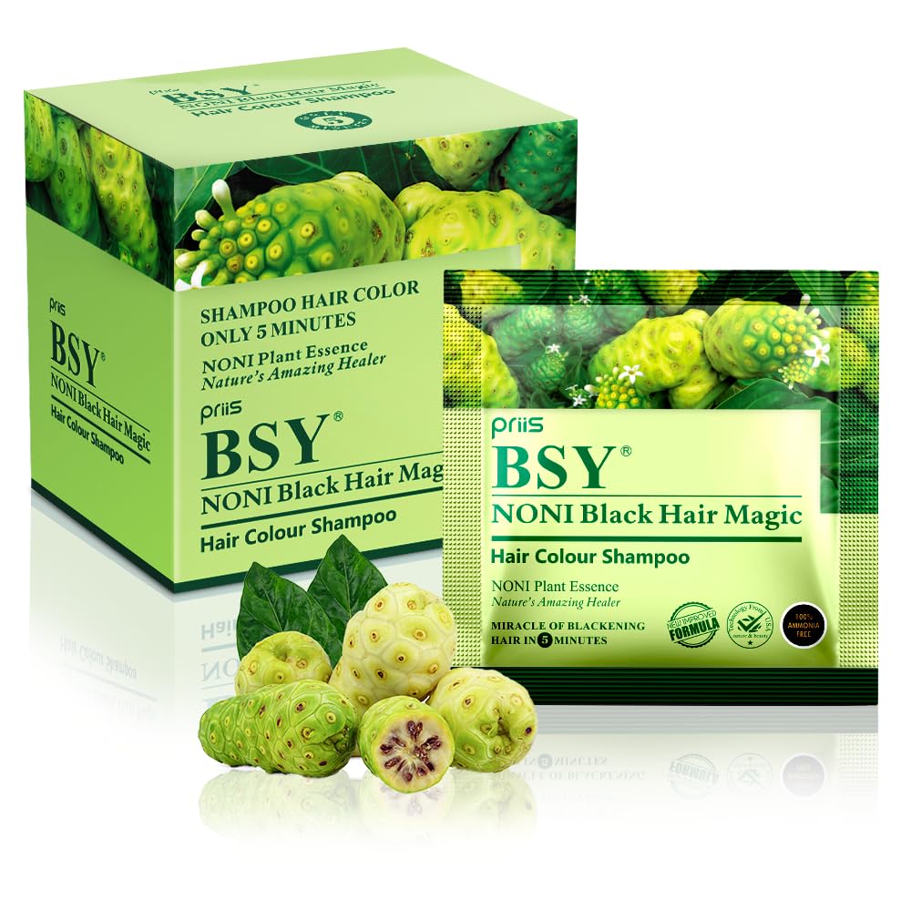 BSY Black Hair Magic Color Shampoo (12ml x 12 Sachets) | Ammonia-Free Permanent Noni Fruit Hair Dye for Men and Women | Natural 5-Minute Hair Color