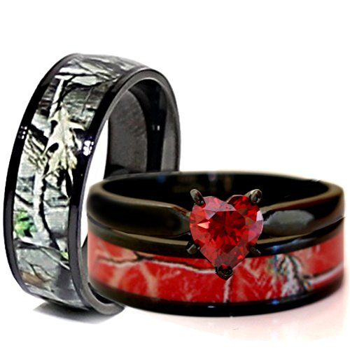 3 pc His & Hers Heart Red Camo Black Stainless Steel and Titanium Engagement Wedding Rings Set (Size His 07, Hers 08)