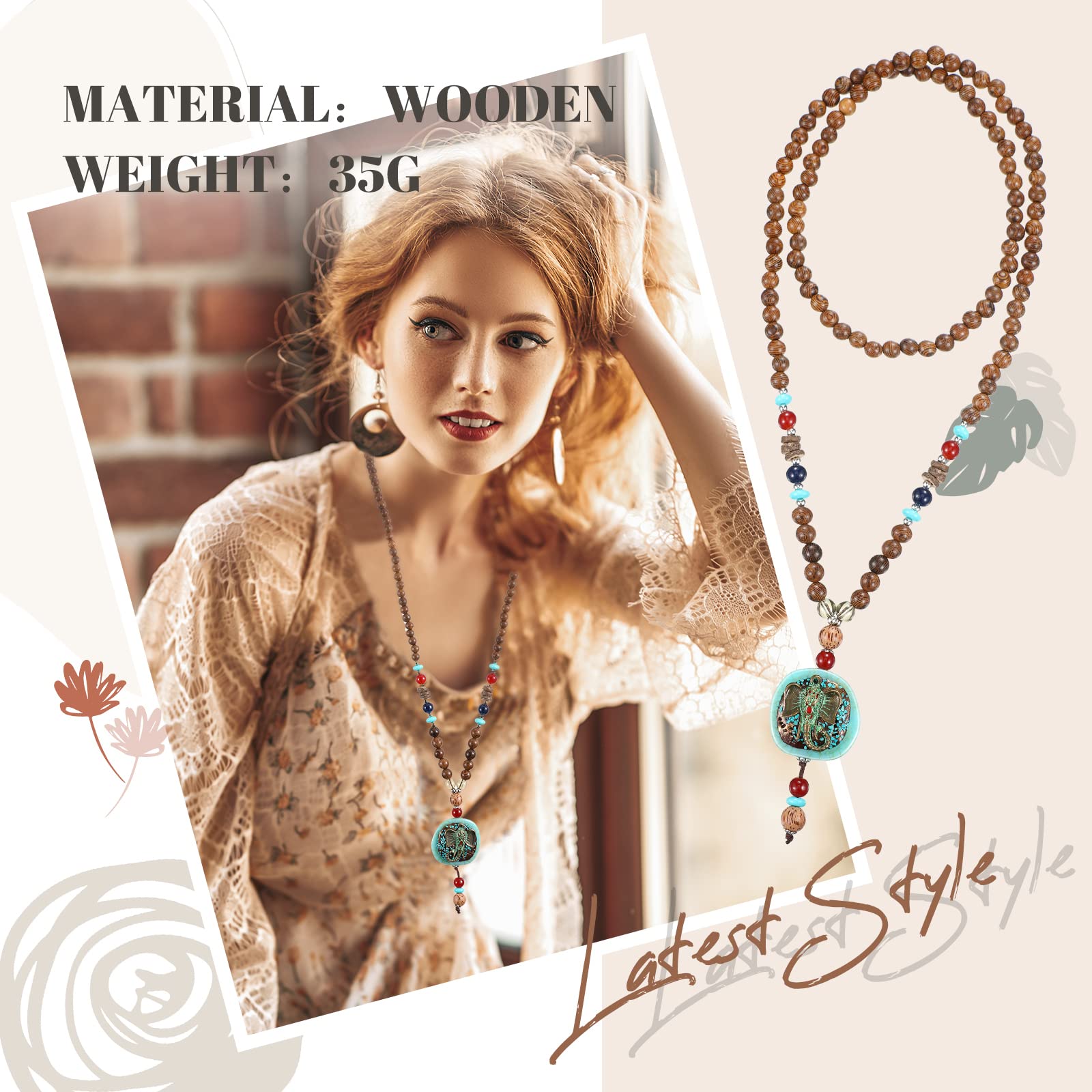 3 Pcs Boho Long Pendant Necklaces for Women Boho Long Wooden Beaded Necklace Handmade Turquoise Fish Elephant Necklace Boho Jewelry with Storage Bag for Women(Exquisite Style)