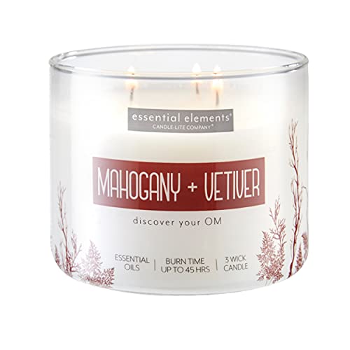Essential Elements by Candle-lite Scented Candles, Mahogany & Vetiver Leaf Fragrance, One 14.75 oz. Three-Wick Aromatherapy Candle with 45 Hours of Burn Time, Off-White Color